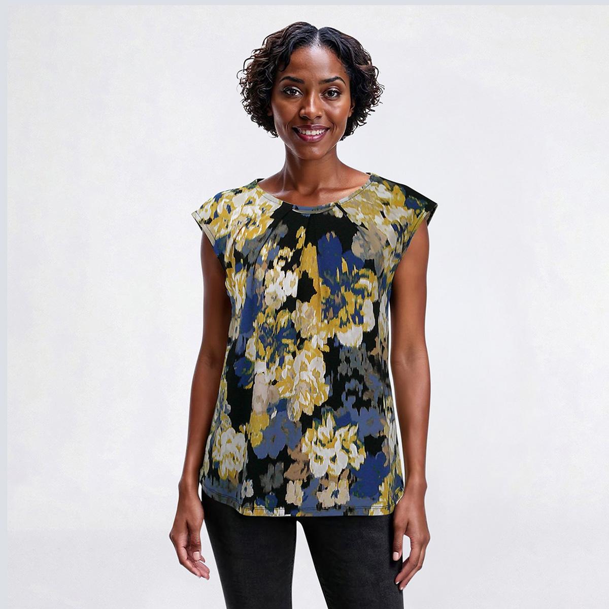 Kasper Womens Printed Pleated-Neck Cap-Sleeve Top - Black Multi